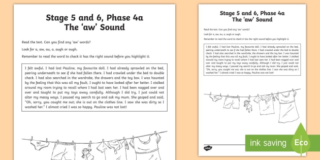 Northern Ireland Linguistic Phonics Stage 5 and 6 Phase 4a 'aw' Sound