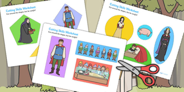 Snow White and the Seven Dwarfs Themed Cutting Skills Worksheet