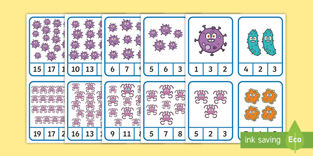 EYLF Germ Monster Peg Counting 1 – 20 Number Cards