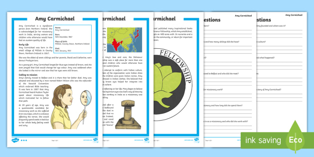 Amy Carmichael Fact File Differentiated Reading Comprehension Activity