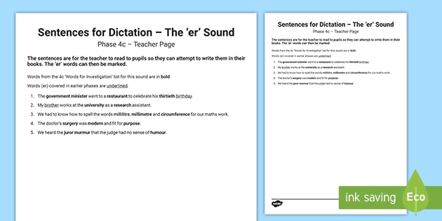 er Phonics Sentences Dictation Activity - Primary Resources