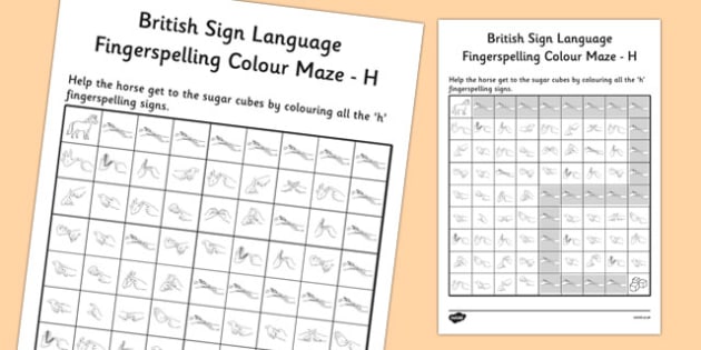 British Sign Language Left Handed Fingerspelling Color Maze H