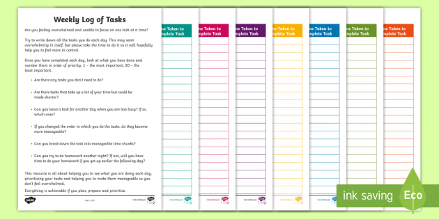 Weekly Log of Tasks Worksheet / Worksheet (teacher made)