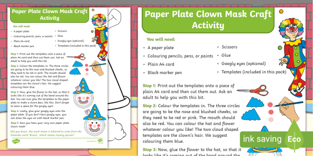 FREE! - Paper Plate Clown Mask Craft Activity (teacher made)