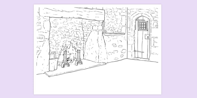 Medieval Room With Fireplace Colouring | Colouring Sheet