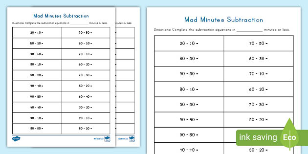 Mad Minutes Subtracting Multiples of Ten Activity