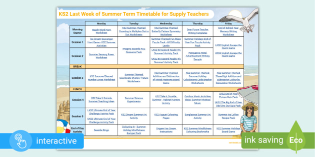 KS2 End of Summer Term Activity Timetable for Supply Teacher