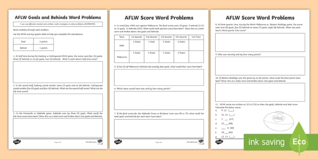 Women's Australian Rules Football Goal and Behind Word Problems Worksheet