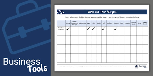 allergen chart template excel