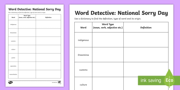 National Sorry Day Word Meanings Worksheet / Worksheet