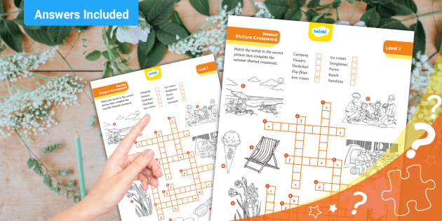 Summer Themed Fun Picture Crossword Puzzle - Kids Puzzles