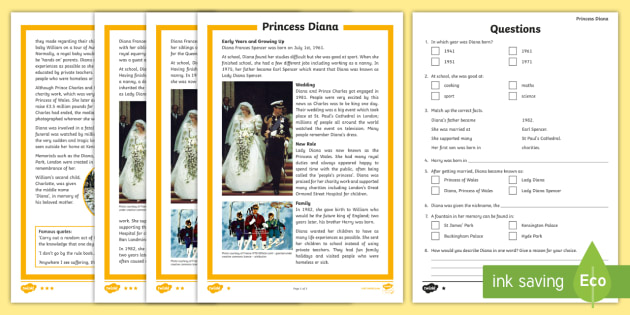 KS2 Princess Diana Differentiated Reading Comprehension Activity