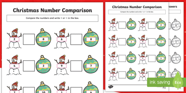 Christmas Themed Up to 10 Number Comparison Worksheet / Worksheet