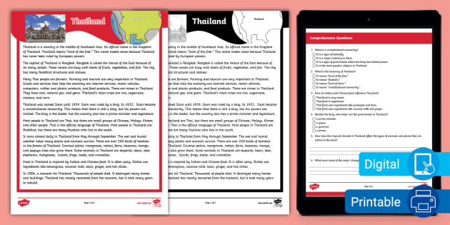Fourth Grade Thailand Reading Comprehension Activity