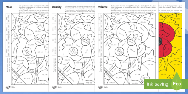 Mass, Density and Volume Color by Numbers Pack