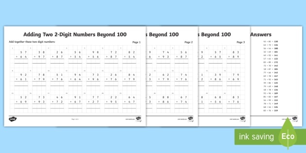 Adding Two 2 Digit Numbers Beyond 100 On Squared Paper Worksheet