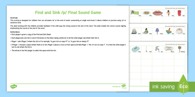 Find and Sink /p/Final Sound Game Worksheet (teacher made)