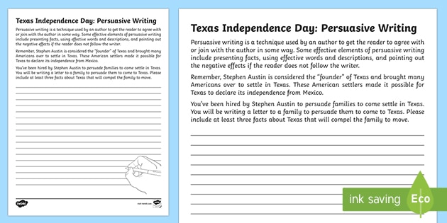 Texas Independence Persuasive Writing Prompt