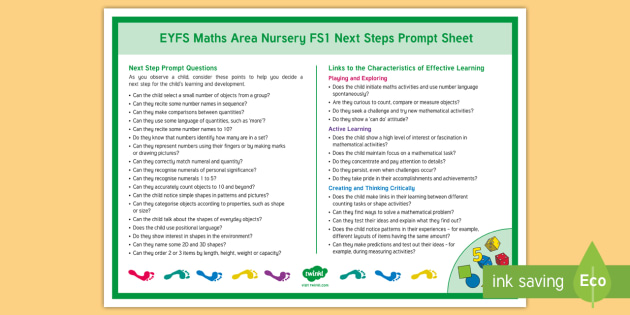 EYFS Maths Area Nursery FS1 Next Steps Prompt Poster