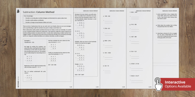 Column Subtraction Walkthrough Worksheet - Beyond Secondary