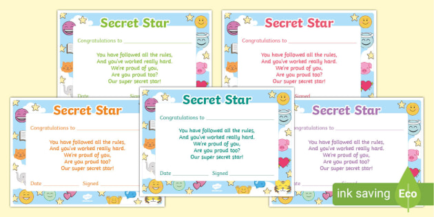 Secret Star Pupil Reward Certificate (teacher made)