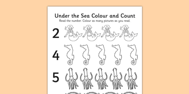 Under the Sea Themed Count and Colour Sheet (teacher made)