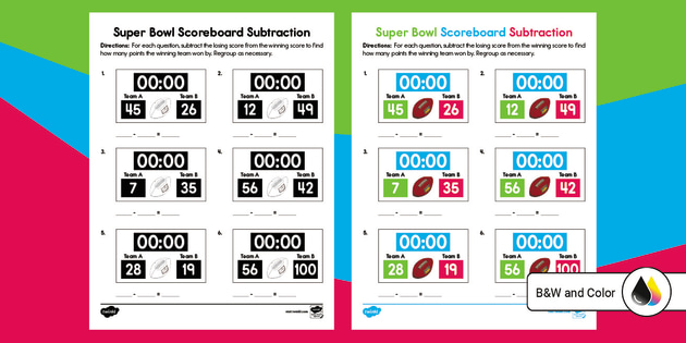 Second Grade Super Bowl Scoreboard Subtraction Activity