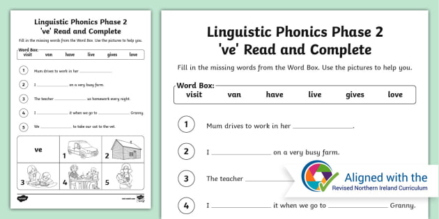Linguistic Phonics Phase 2 Read Complete 've' Activity Sheet