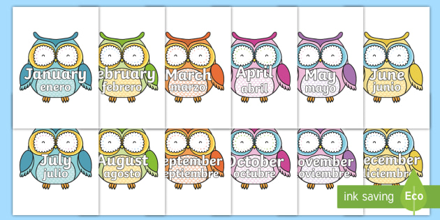 Months of the Year on Cute Owls Display Cut-Outs - English / Spanish