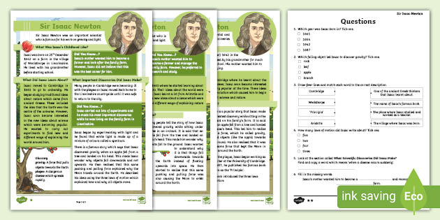 LKS2 Sir Isaac Newton Differentiated Reading Comprehension Activity