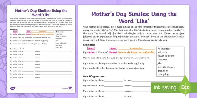 * NEW * Mother's Day Simile ('Like') Activity Sheet - Comparisons, Using