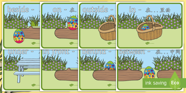 Easter Egg Positional Language Display Posters - English/Mandarin Chinese
