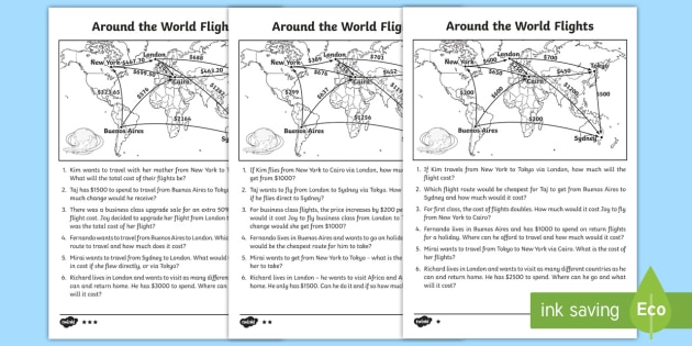 FREE! - * NEW * Multi-Step Problems Around the World Flights Worksheet