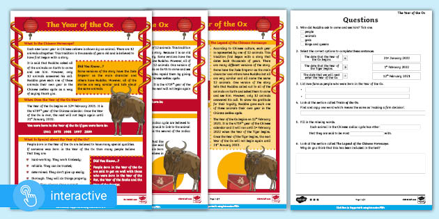 Online Reading Comprehension Year 3 & 4 | The Year of the Ox