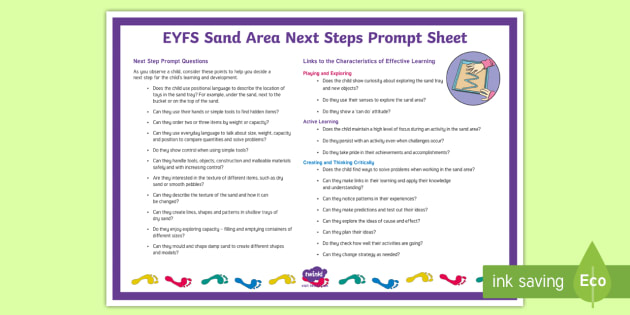 EYFS Sand Area Reception FS2 Next Steps Prompt Poster - prompt sheets ...