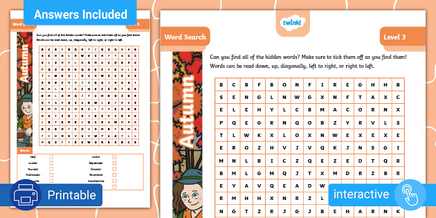 Autumn Word Search - Level 3 - Twinkl - Kids Puzzles