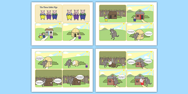 The Three Little Pigs Story Sequencing (4 per A4 with Speech Bubbles)