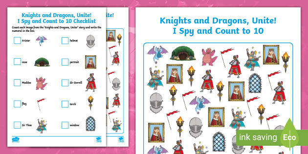 👉 Knights and Dragons, Unite! I Spy and Count Activity to 10