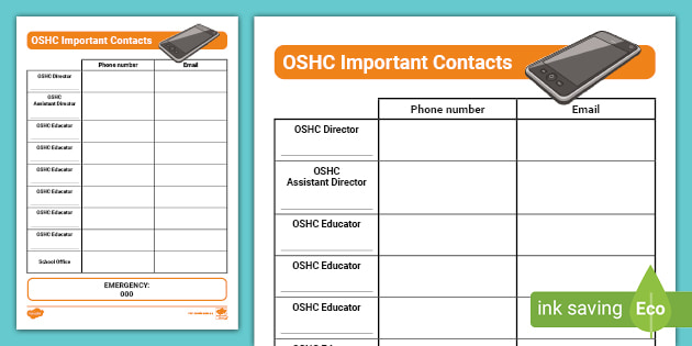 OSHC Important Contacts (Teacher-Made)