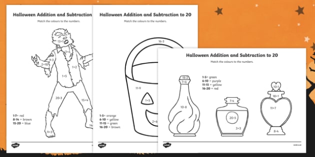 Halloween Addition and Subtraction to 20 Colour by Number