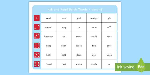 Dolch Word List Second Roll and Read Mat