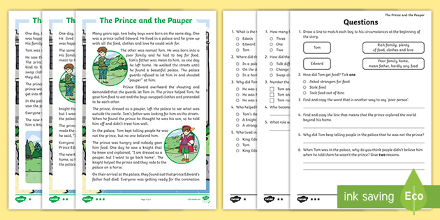 KS1 The Prince and the Pauper Differentiated Reading Comprehension Activity