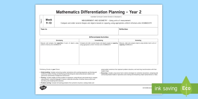 Year 2 Capacity Mathematics Differentiated Plan