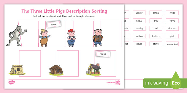 The Three Little Pigs cut and stick character description sorting ...