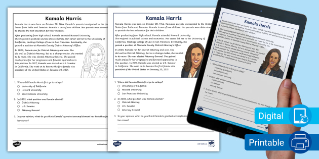 Kamala Harris Reading Comprehension Activity | 3rd Grade