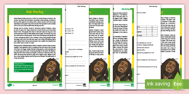 Bob Marley Differentiated Reading Comprehension