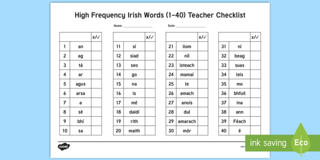 High Frequency Irish Words (1-40) Teacher Checklist Gaeilge