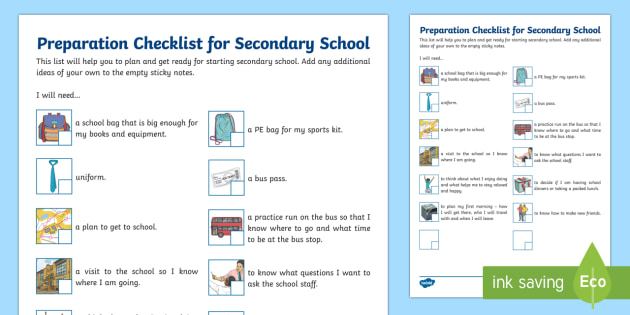 Preparation Checklist for Secondary School Worksheet