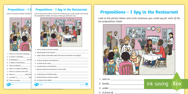 Prepositions I Spy in the Restaurant Worksheets