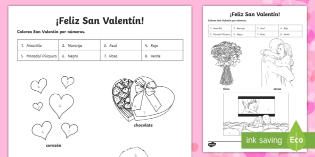 Valentine's Day Colour by Number Spanish (teacher made)
